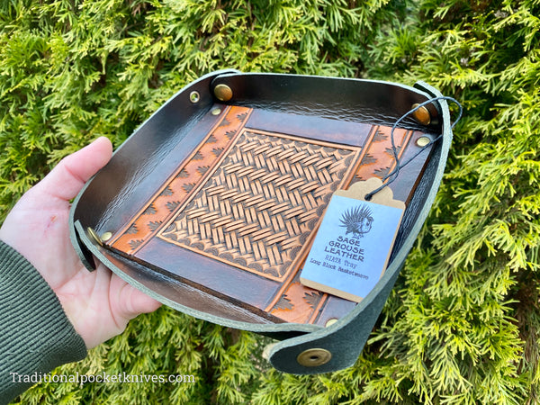 Sage Grouse Leather RIATA Packable Tooled Leather Catch-All Tray Long ...